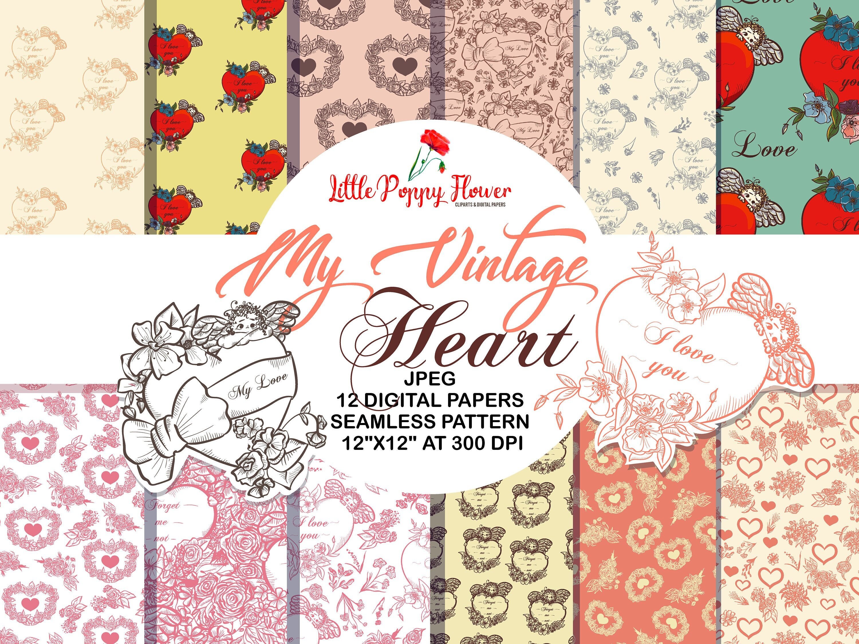 Vintage Hearts Art Digital Paper Pack, Scrapbook Papers, Scrapbooking ...
