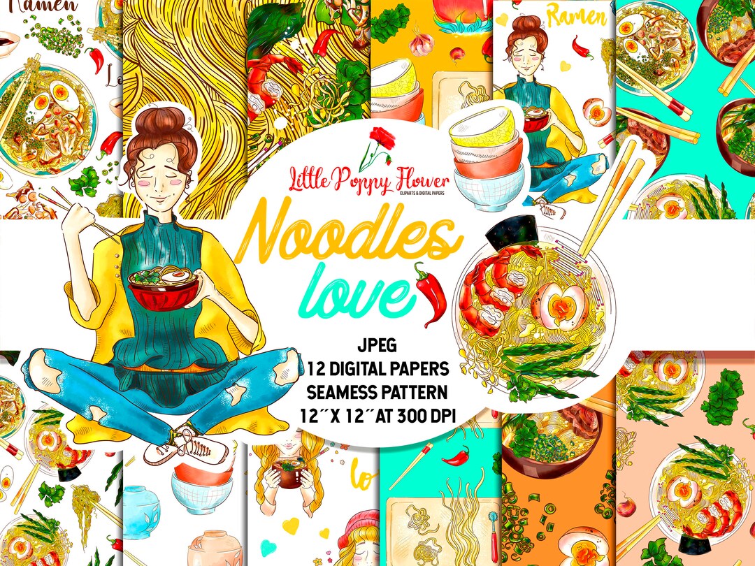 Japanese Noodle Digital Paper Pack, Asian Food Scrapbook Kit, Digital ...