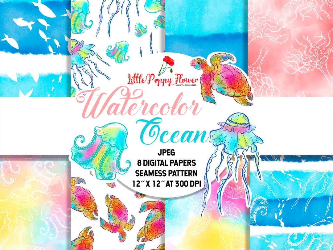 Digital Paper Pack Watercolor Ocean Sea Animals Papers Jellyfish Turtle ...