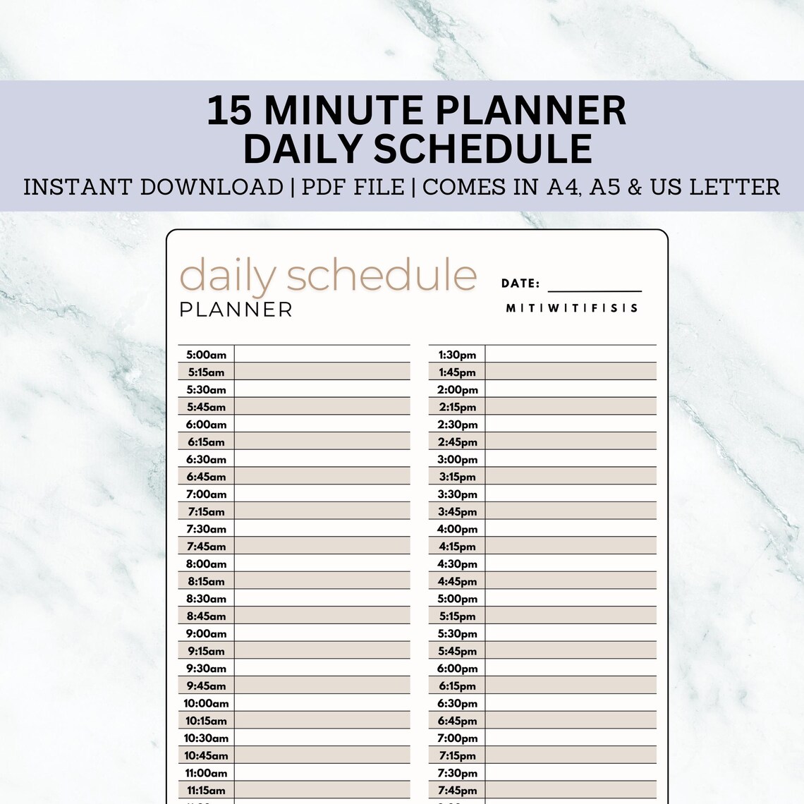 15 Minute Planner | Daily Schedule | 15 Minutes Planner | Hourly ...