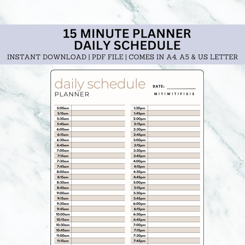 15 Minute Planner | Daily Schedule | 15 Minutes Planner | Hourly ...