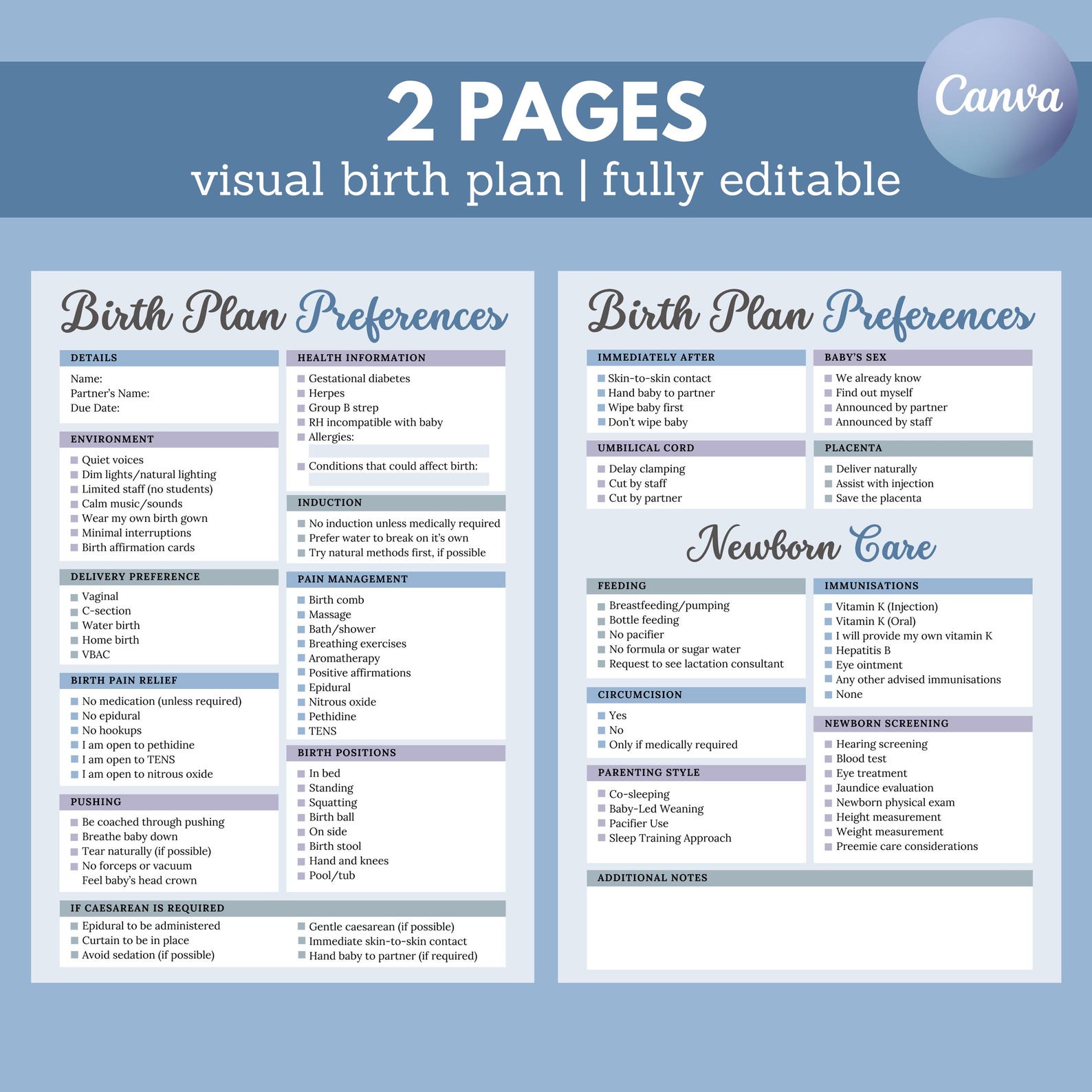 Editable Birth Plan Template | Visual Birth Plan | Labor & Delivery ...