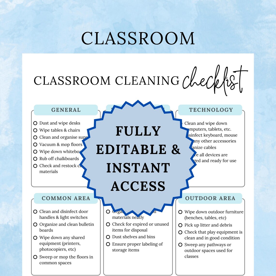 Classroom Cleaning Checklist | Cleaning Checklist | Classroom Cleaning ...