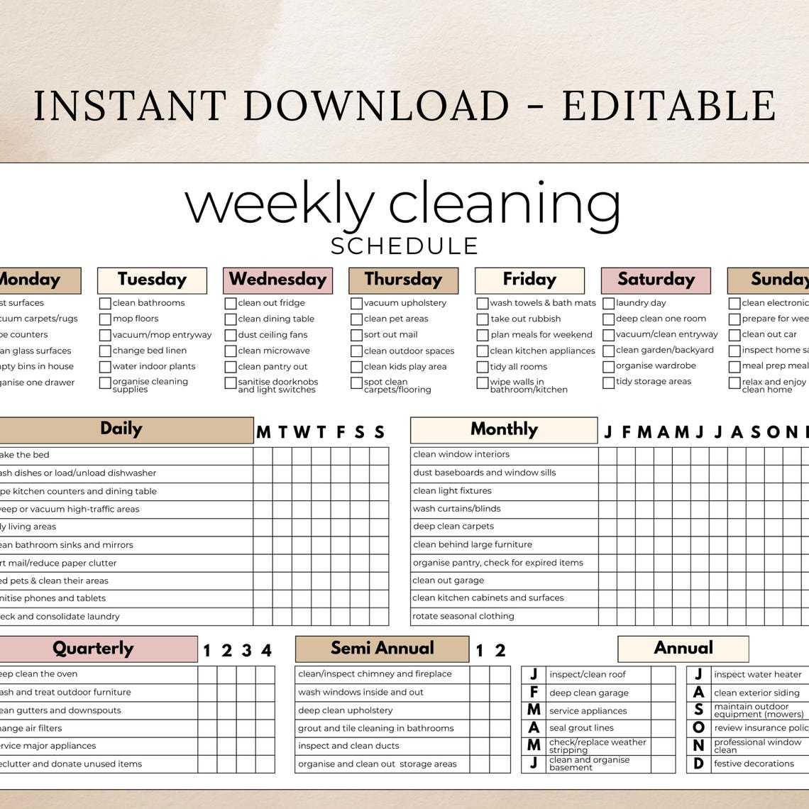EDITABLE Cleaning Checklist | Aesthetic | Cleaning Schedule | Cleaning ...