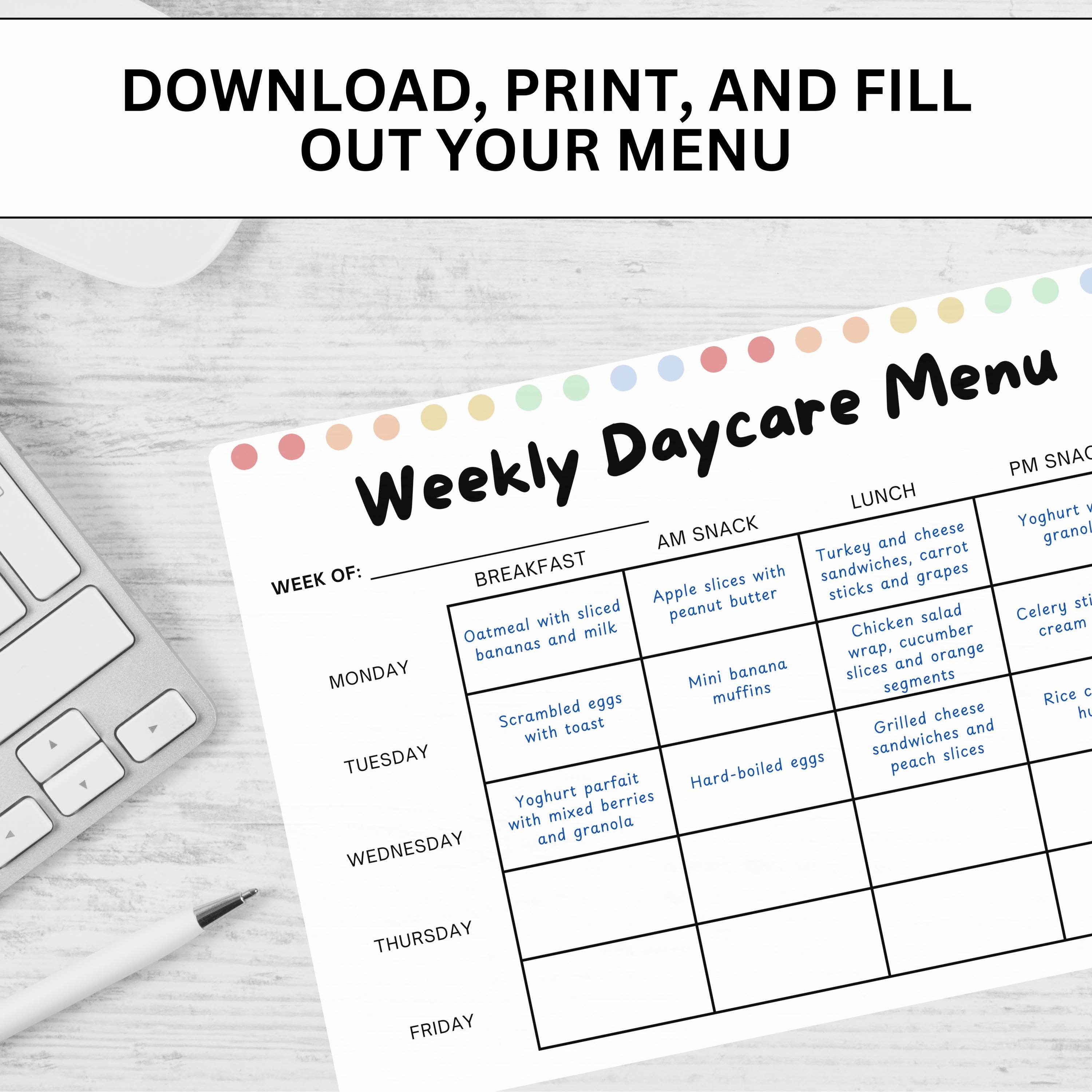Daycare Weekly Menu | Daycare Meal Plan | Family Meal Planner | Home ...