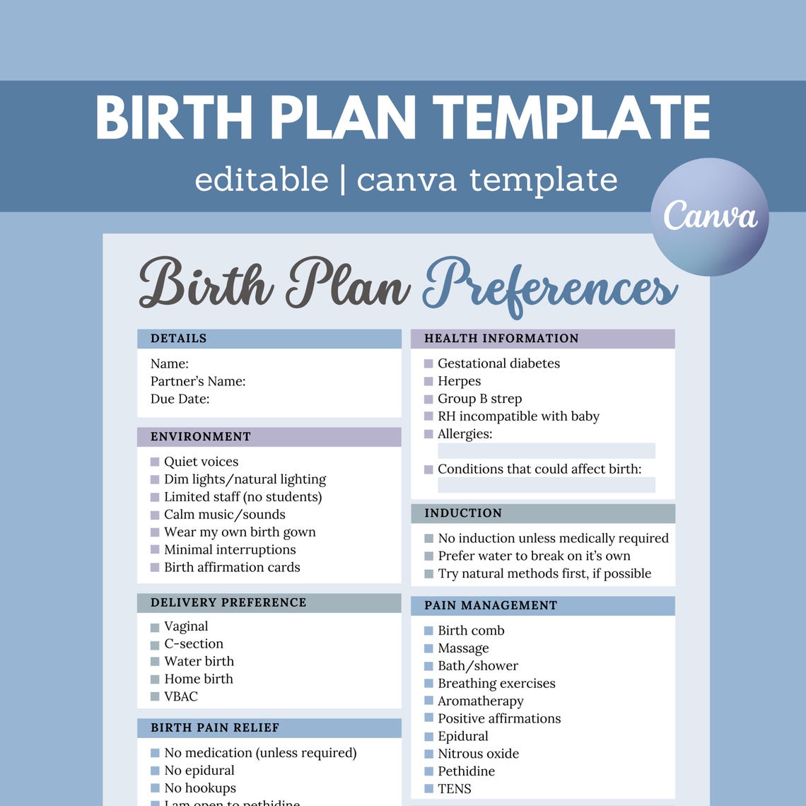Editable Birth Plan Template | Visual Birth Plan | Labor & Delivery ...