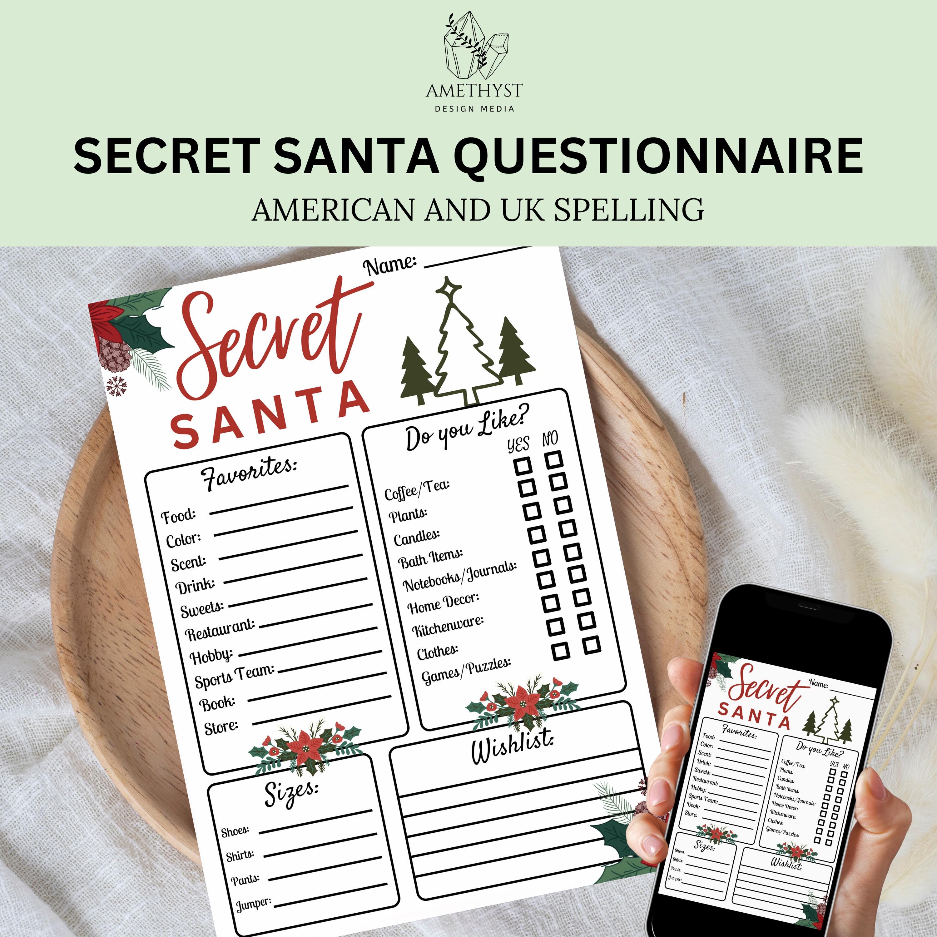 Printable Secret Santa Questionnaire | Christmas Survey | Adult ...