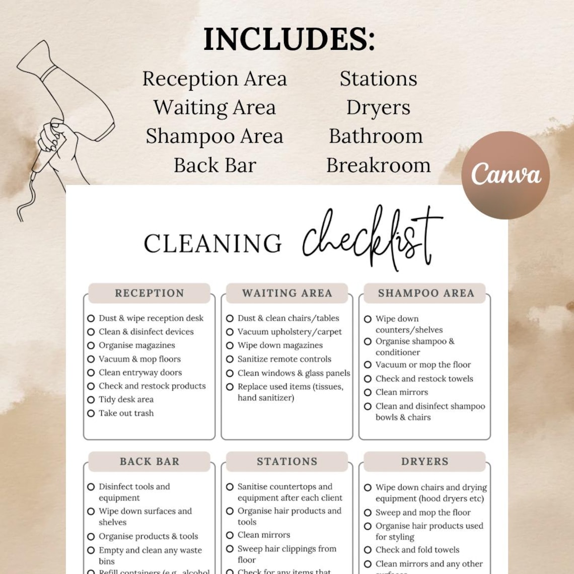 Hair Salon Cleaning Checklist | Cleaning Checklist Canva Template ...