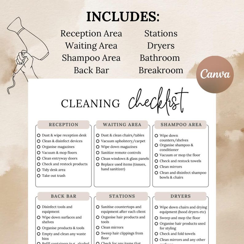 Hair Salon Cleaning Checklist | Cleaning Checklist Canva Template ...