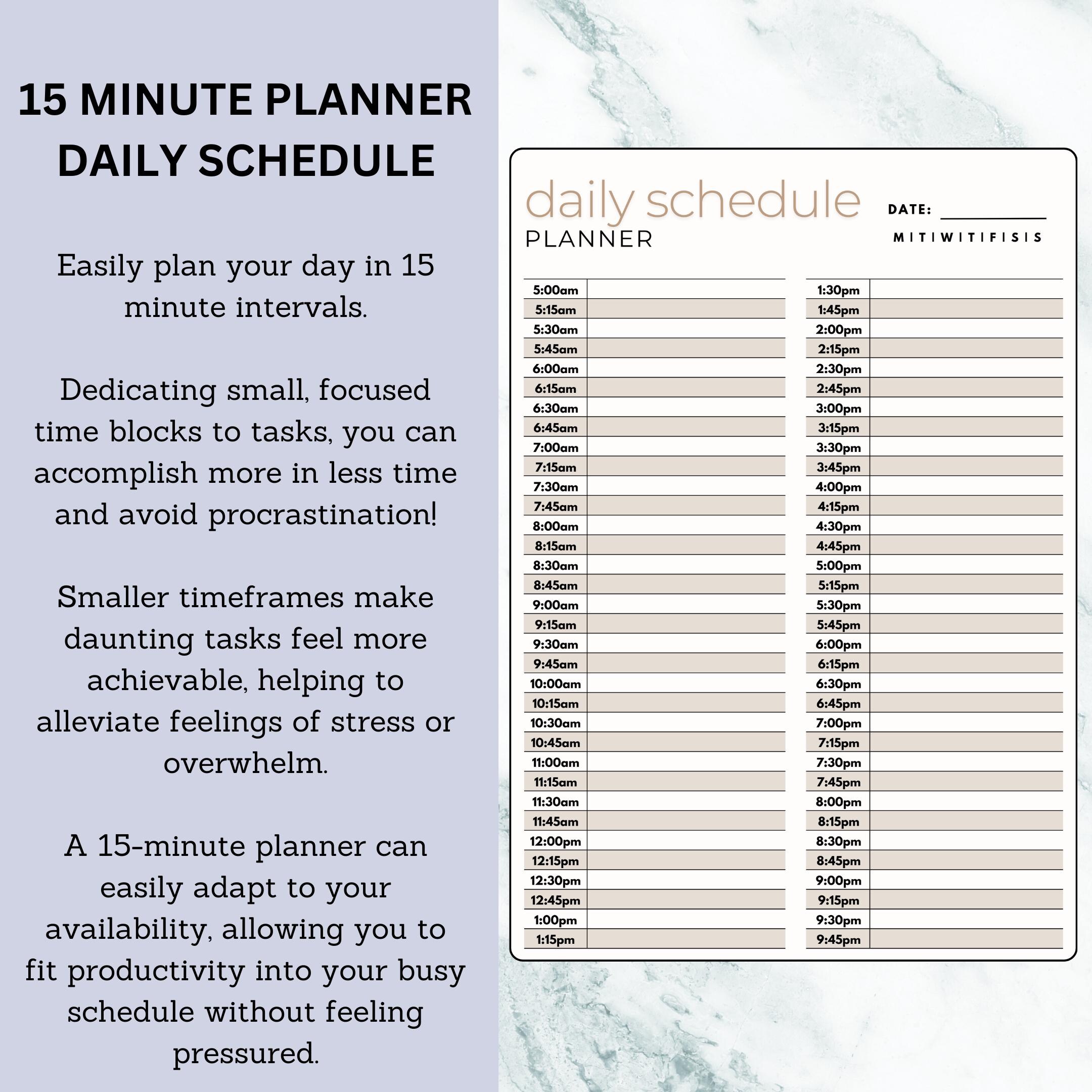 15 Minute Planner | Daily Schedule | 15 Minutes Planner | Hourly ...