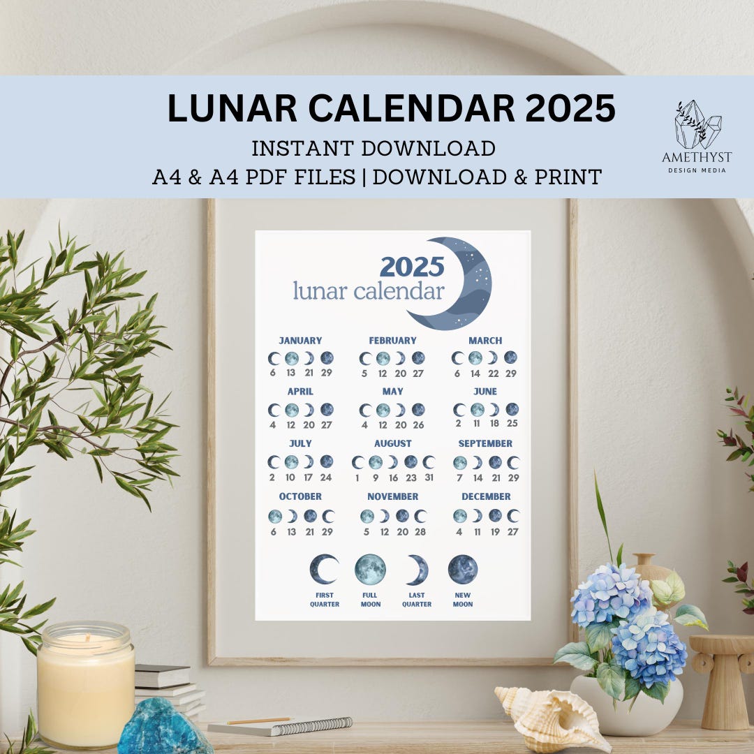 2025 Lunar Calendar, Blue Wall Poster Celestial Décor, Witchcraft ...