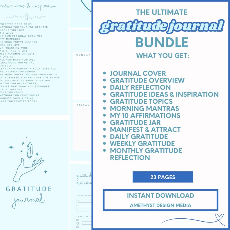 Downloadable Blue Gratitude Journal Bundle Mindfulness & Positivity ...