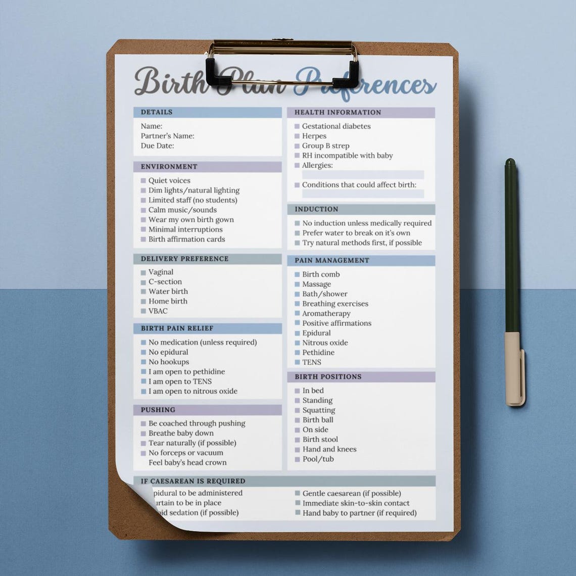 Editable Birth Plan Template | Visual Birth Plan | Labor & Delivery ...