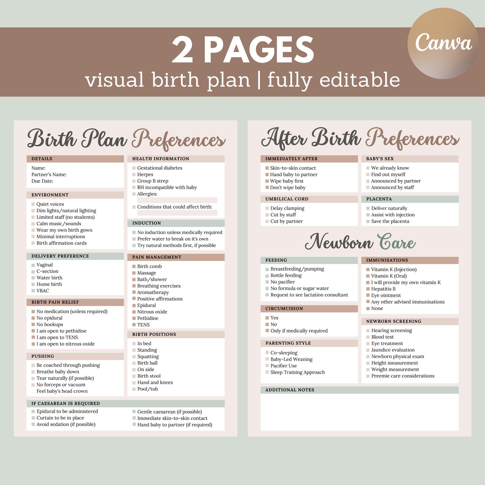 Editable Birth Plan Template | Visual Birth Plan | Labor & Delivery ...