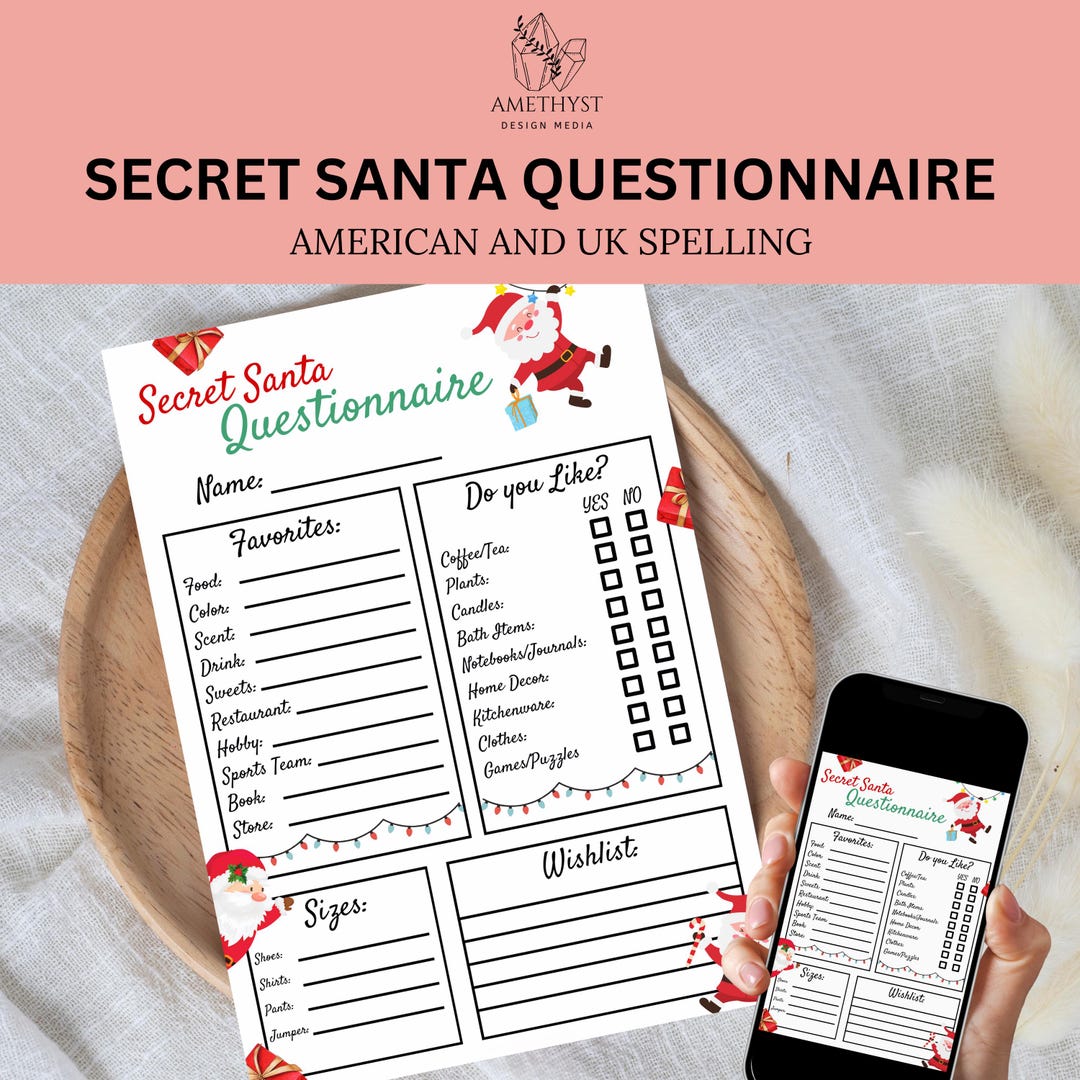 Printable Secret Santa Questionnaire | Christmas Survey | Adult ...