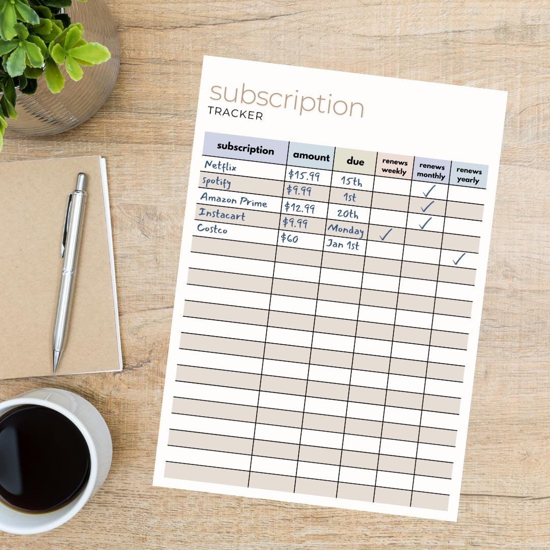 Subscription Tracker Printable | Subscription Log | Membership Tracker ...