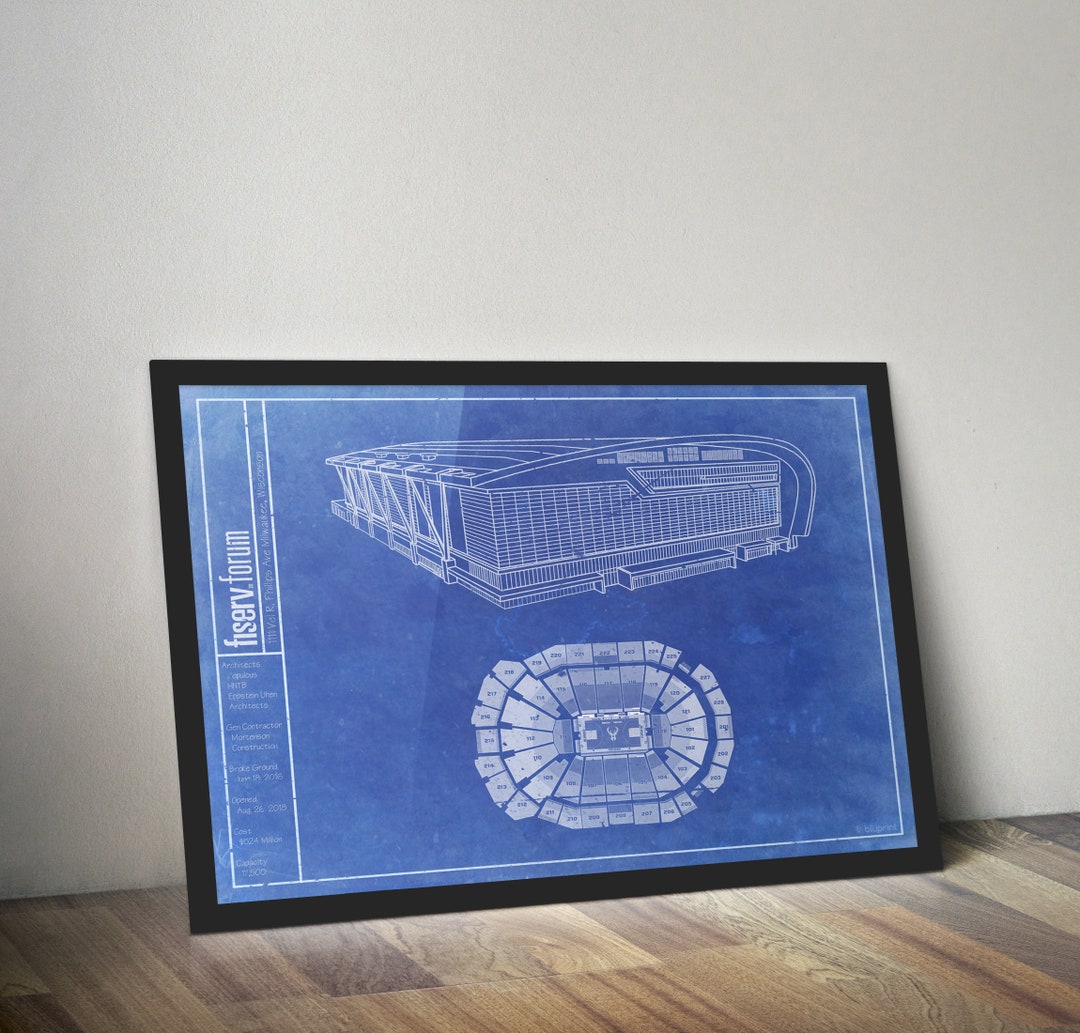 Milwaukee Fiserv Forum Vintage Styled Blueprint Art. Sizes 5x7 to 24x36 ...