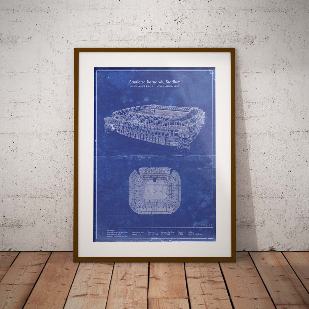Santiago Bernabéu Stadium Blueprint Art. Sizes 5x7 to 24x36 Framed ...