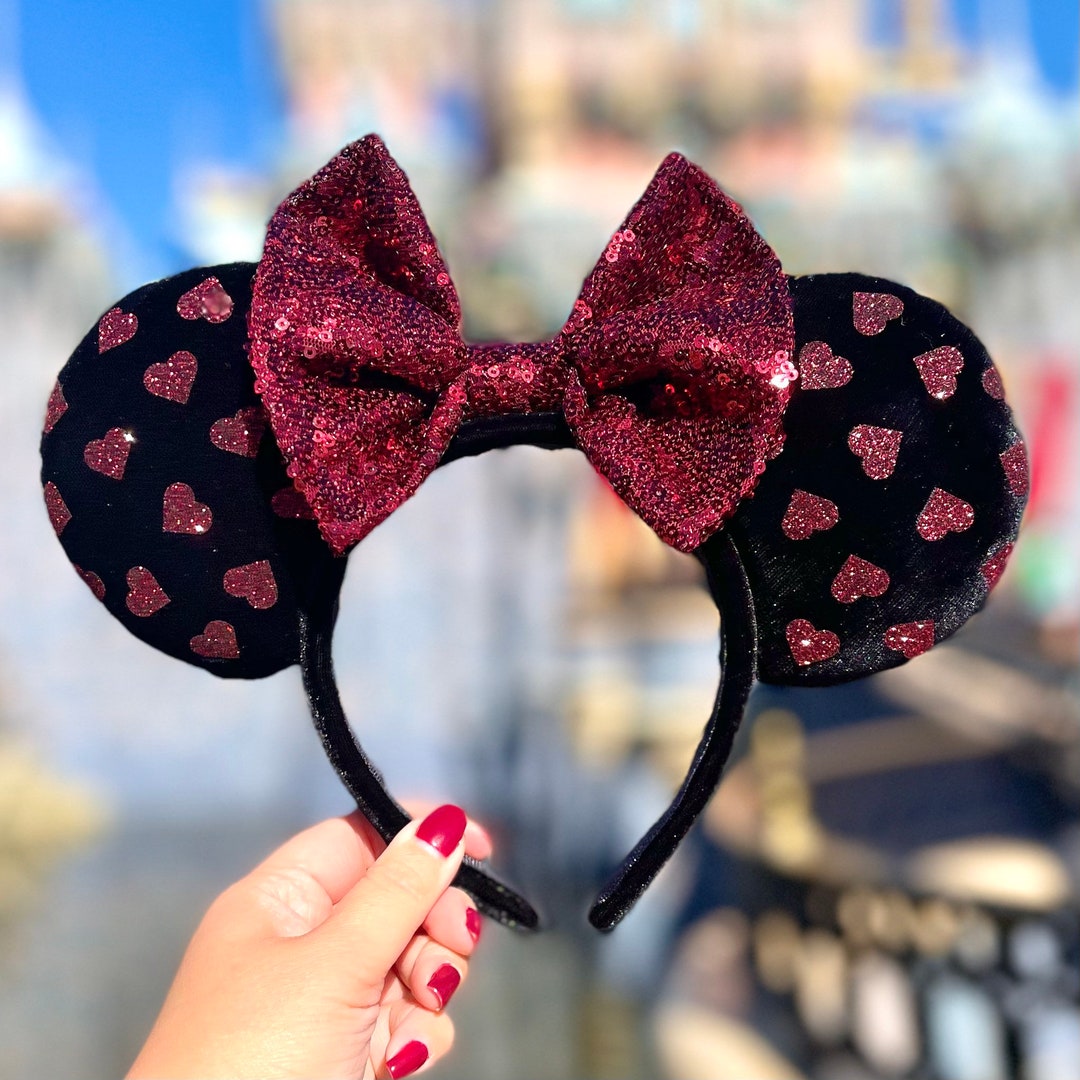 Black Velvet With Maroon Hearts Minnie Mouse Ears With Maroon Bow - Etsy