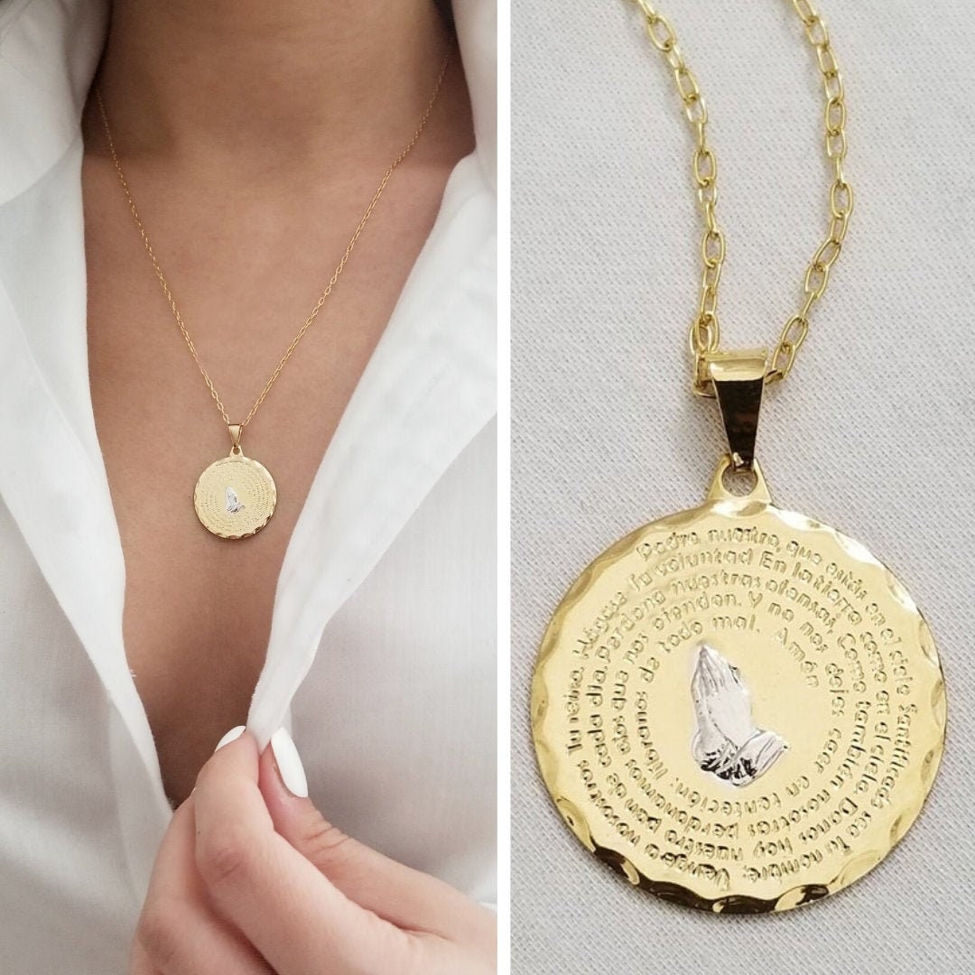 Large Gold Medallion Script Pendant Necklace, Father Prayer Pendant ...