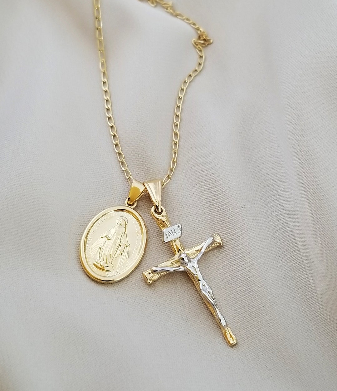 Gold Crucifix Necklace, Mary Gold Necklace, Faith Necklace, Religious ...
