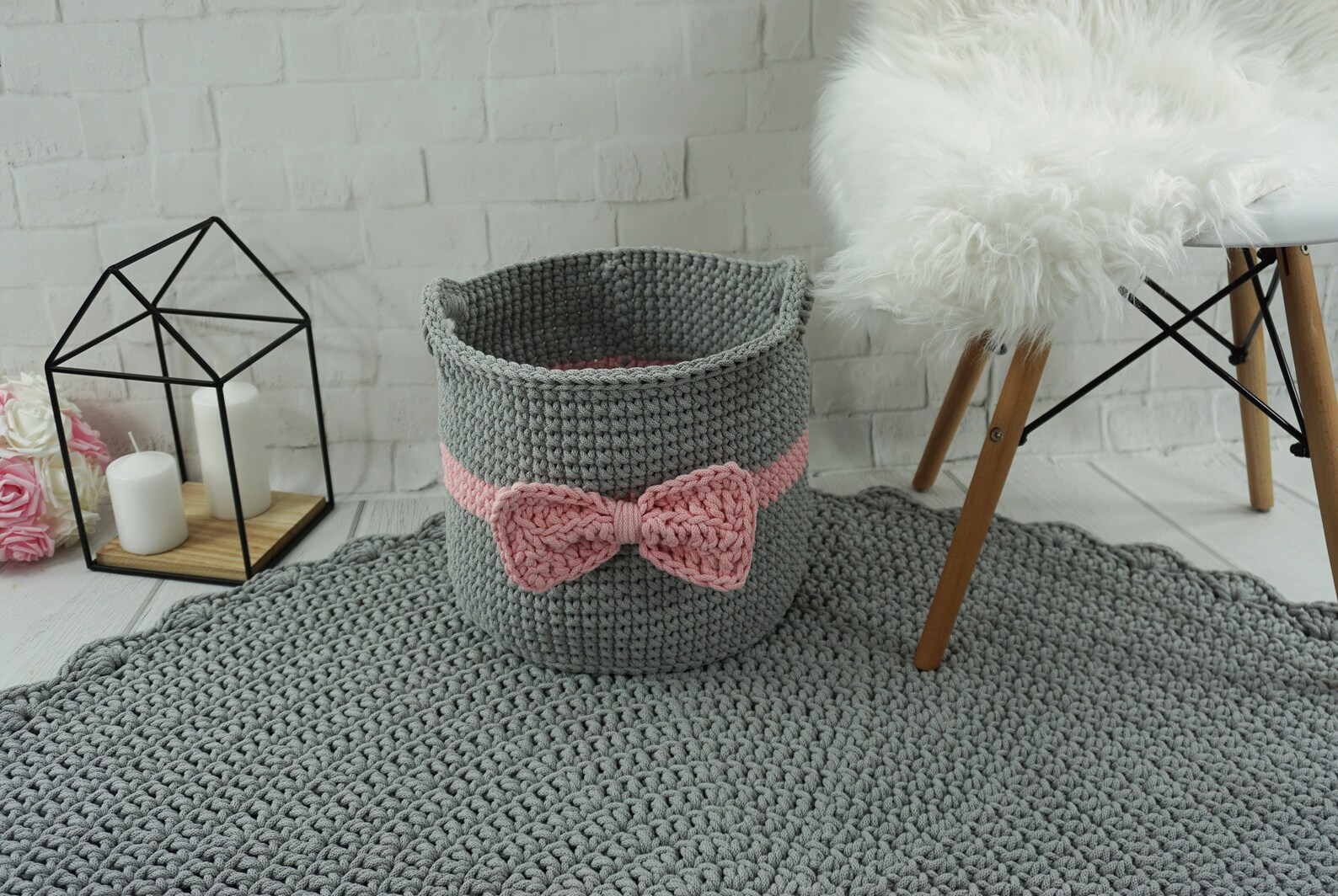 Large basket with pink bow Storage basket Standing basket for | Etsy