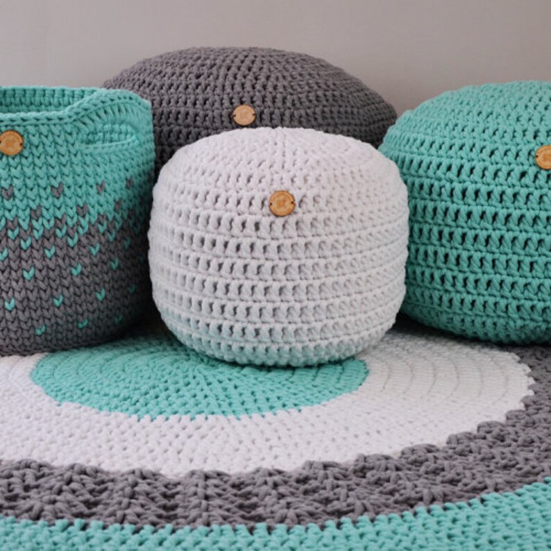 White Round Crochet Pouf Ottoman Nursery Footstool Round Floor - Etsy