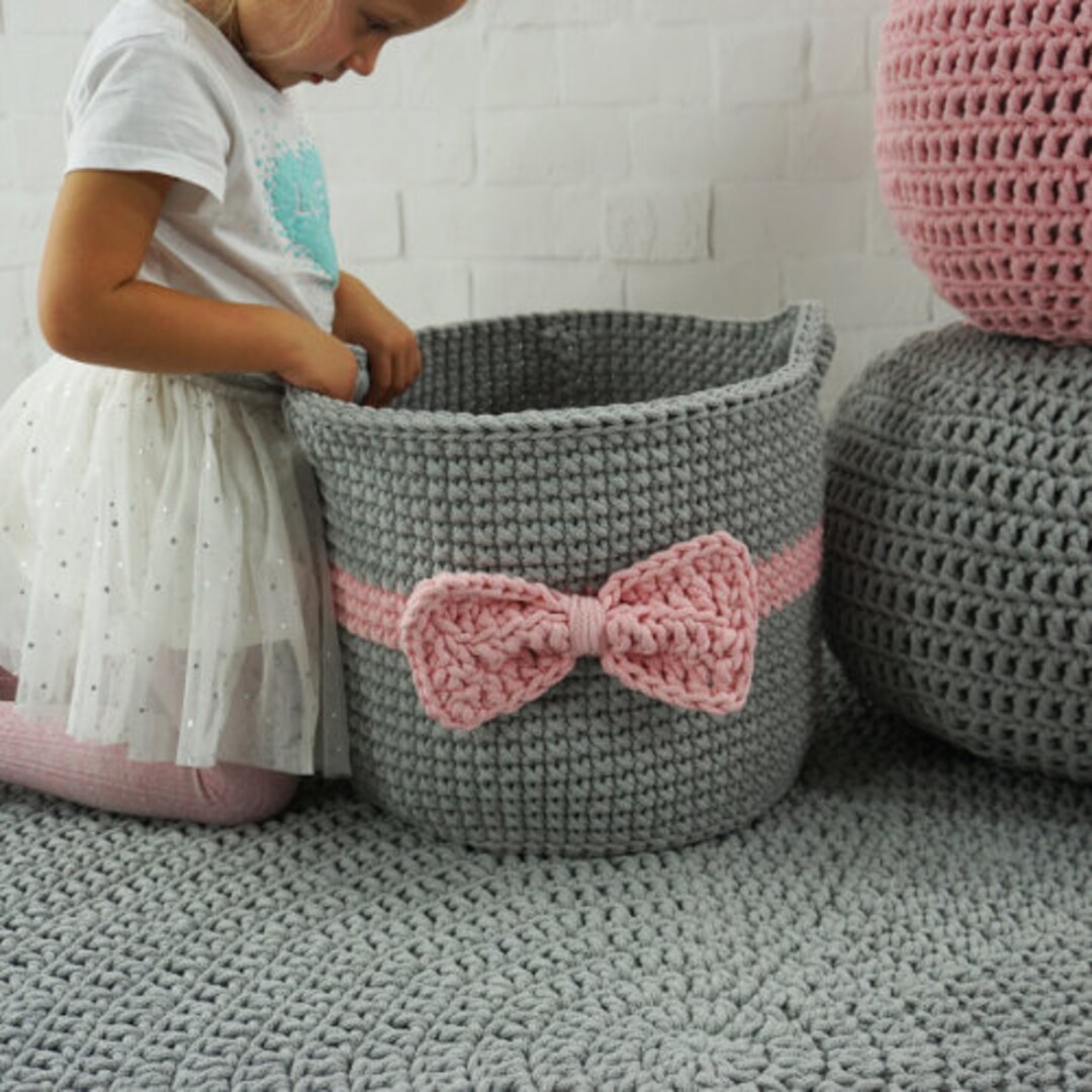 Large Basket With Pink Bow Storage Basket Standing Basket for Toys Gray ...
