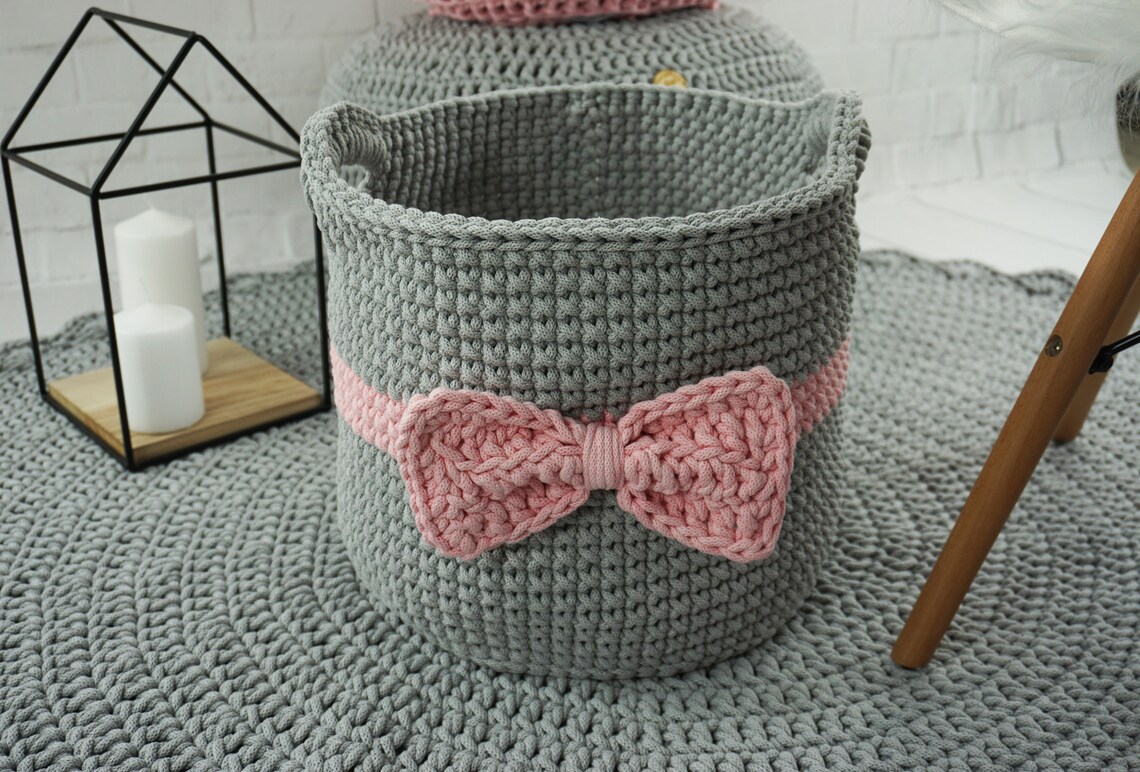 Large Basket With Pink Bow Storage Basket Standing Basket for - Etsy