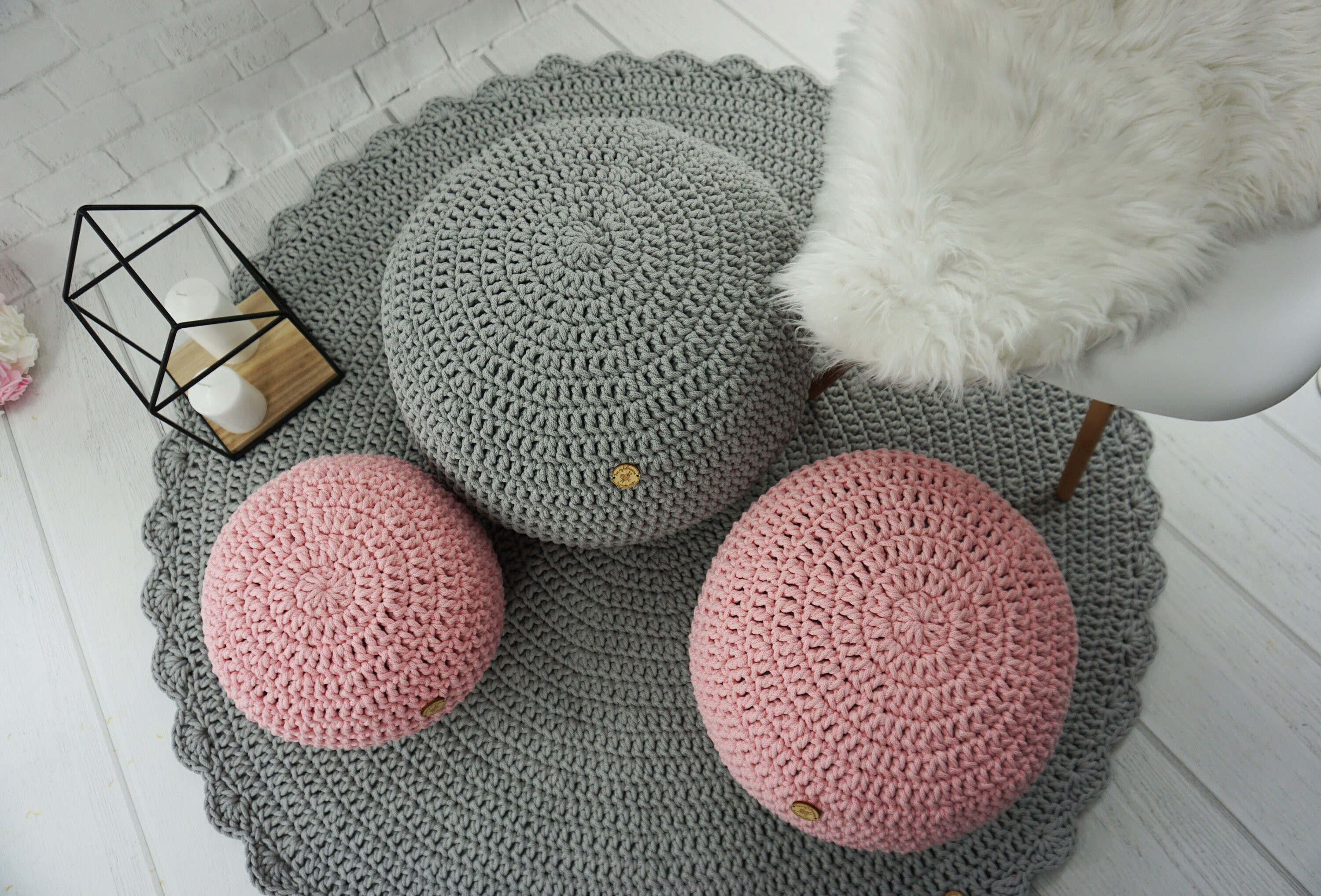 White round crochet pouf Ottoman Nursery footstool Round floor | Etsy