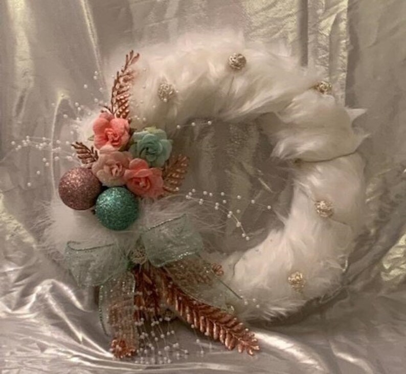 Wreath With White Faux Fur, Lights and Pink and Mint Accents - Etsy