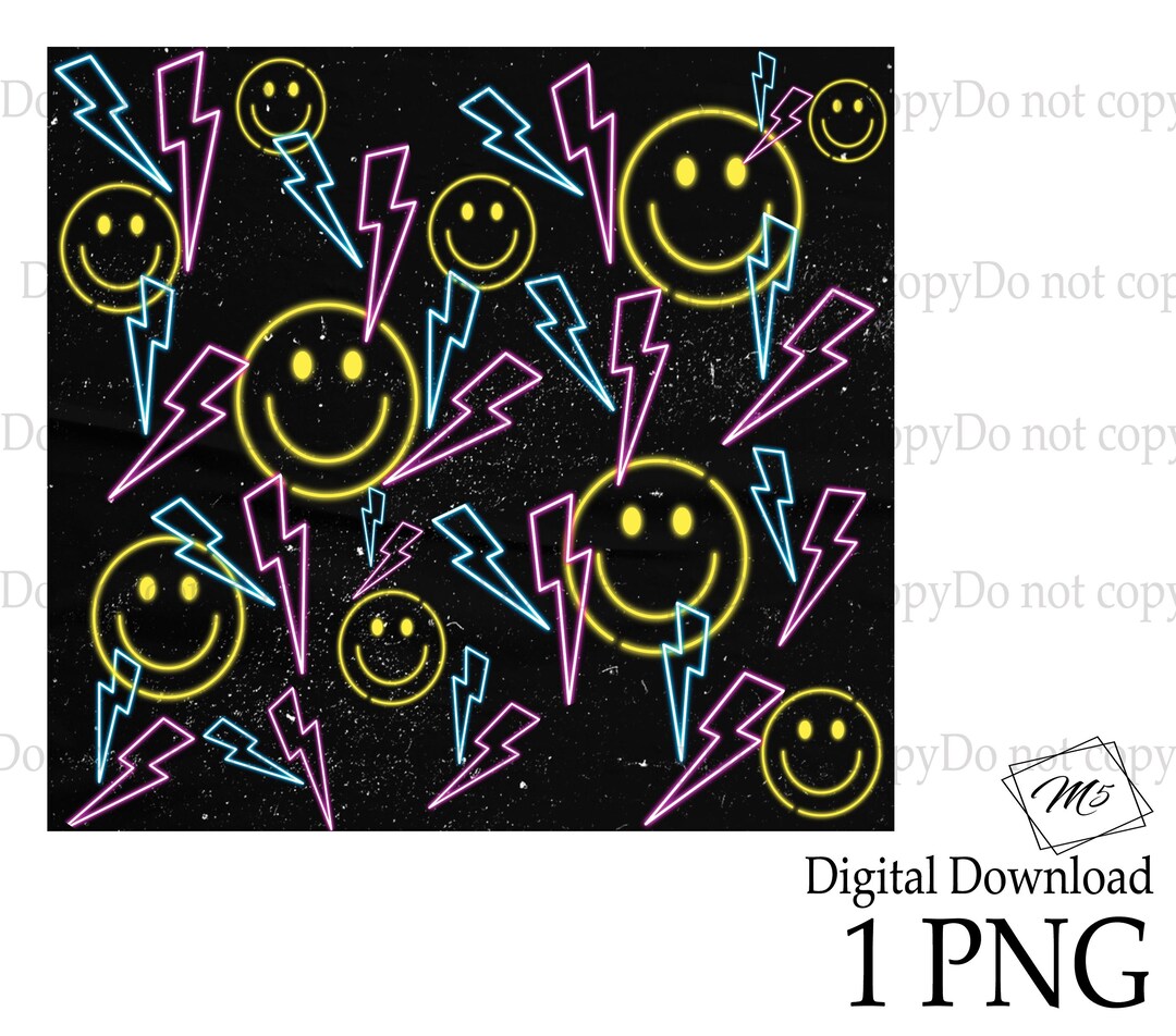 Neon Happy Face | Tumbler Wrap | Seamless | Neon Lights | Lightning ...