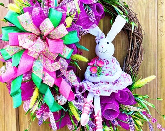 Easter Welcome Bunny Wreath for Front Door, Spring Pink and White ...