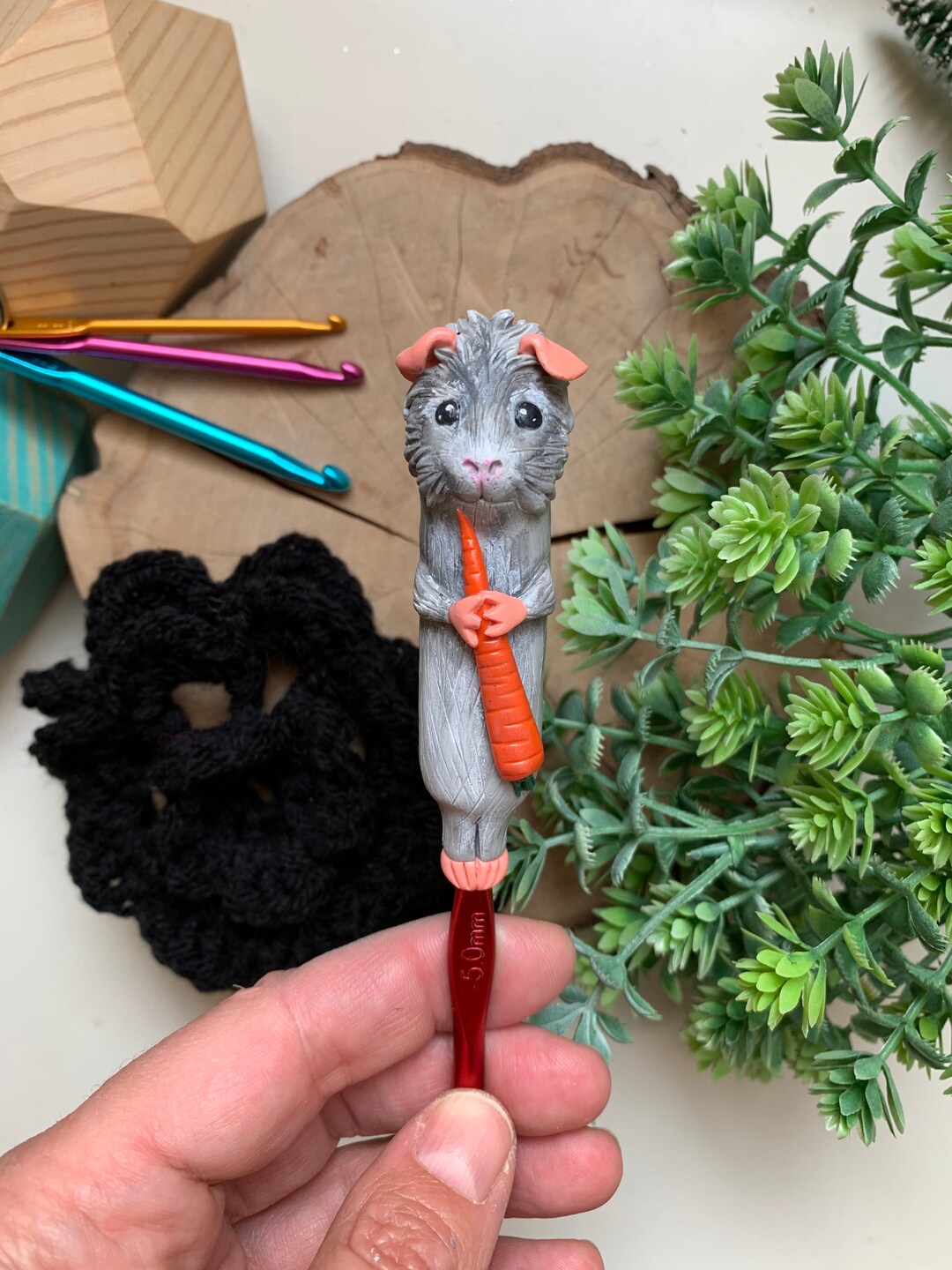 Grey Rat Crochet Hook, Mouse and Carrot Polymer Clay Hook, Crochet Gift ...