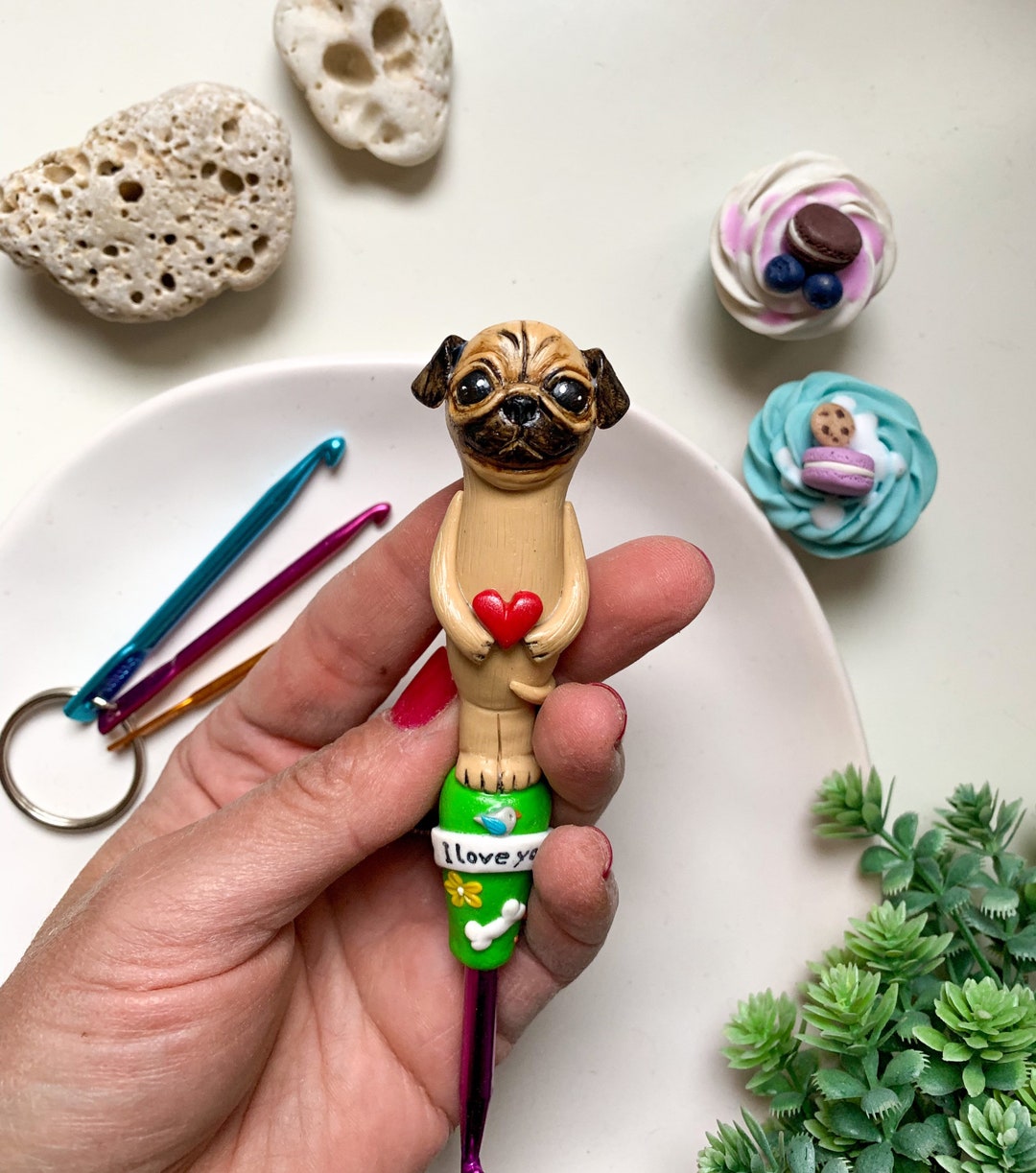 Pug Crochet Hook, Custom Dog Portrait, Any Breed Polymer Clay Covered ...