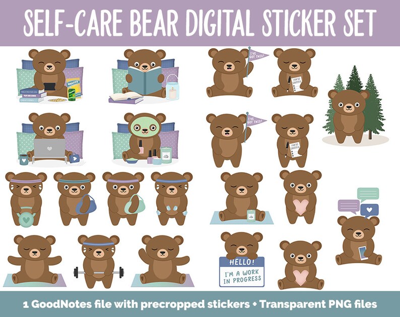 Self-care Bear Digital Planner Stickers | iPad & Android | Aurora Theme ...