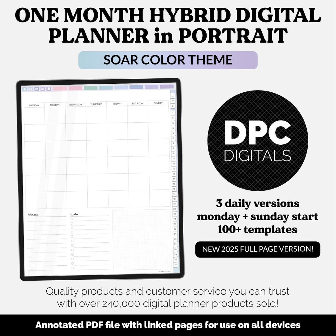 Undated Hybrid One Month Digital Planner | Soar Theme | Portrait ...