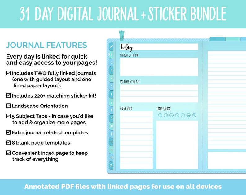 31 Day Digital Journal Sticker Bundle Seaside Goodnotes | Etsy