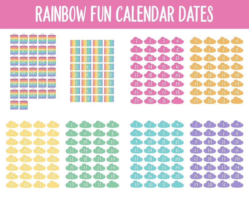 Rainbow Fun Calendar Date Digital Stickers | iPad & Android - Etsy