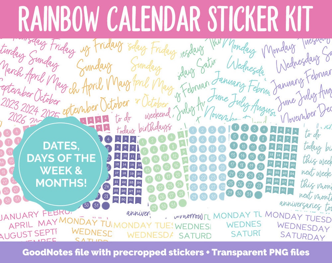 Rainbow Calendar Essentials Digital Planner Stickers | Goodnotes, iPad ...