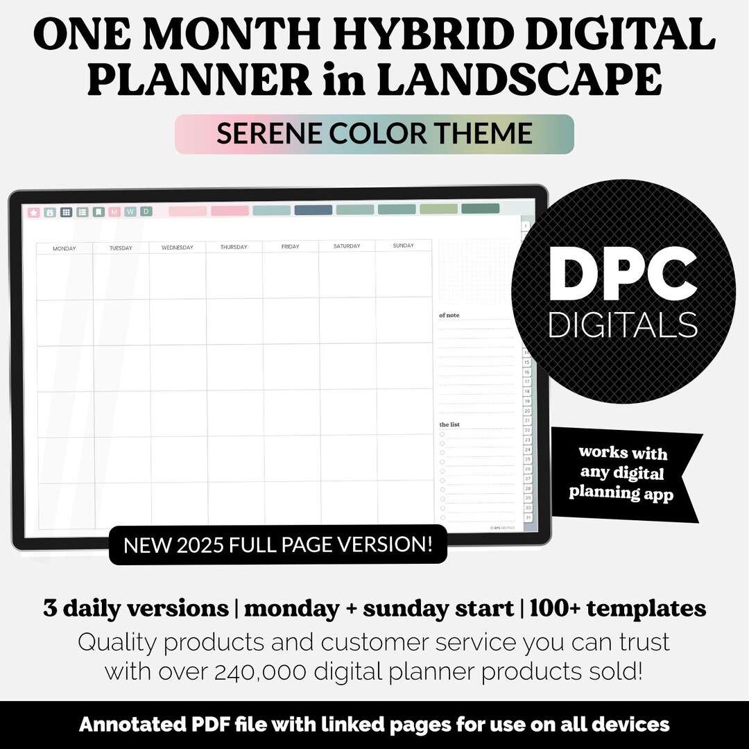 Undated Hybrid One Month Digital Planner | Serene Theme | Landscape ...