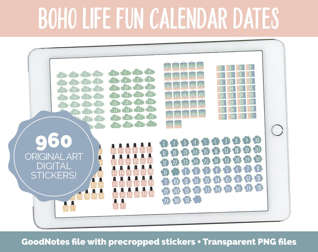 Boho Life Fun Calendar Date Digital Stickers | Goodnotes, iPad and ...