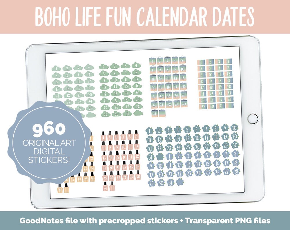 Boho Life Fun Calendar Date Digital Stickers Goodnotes Ipad - Etsy