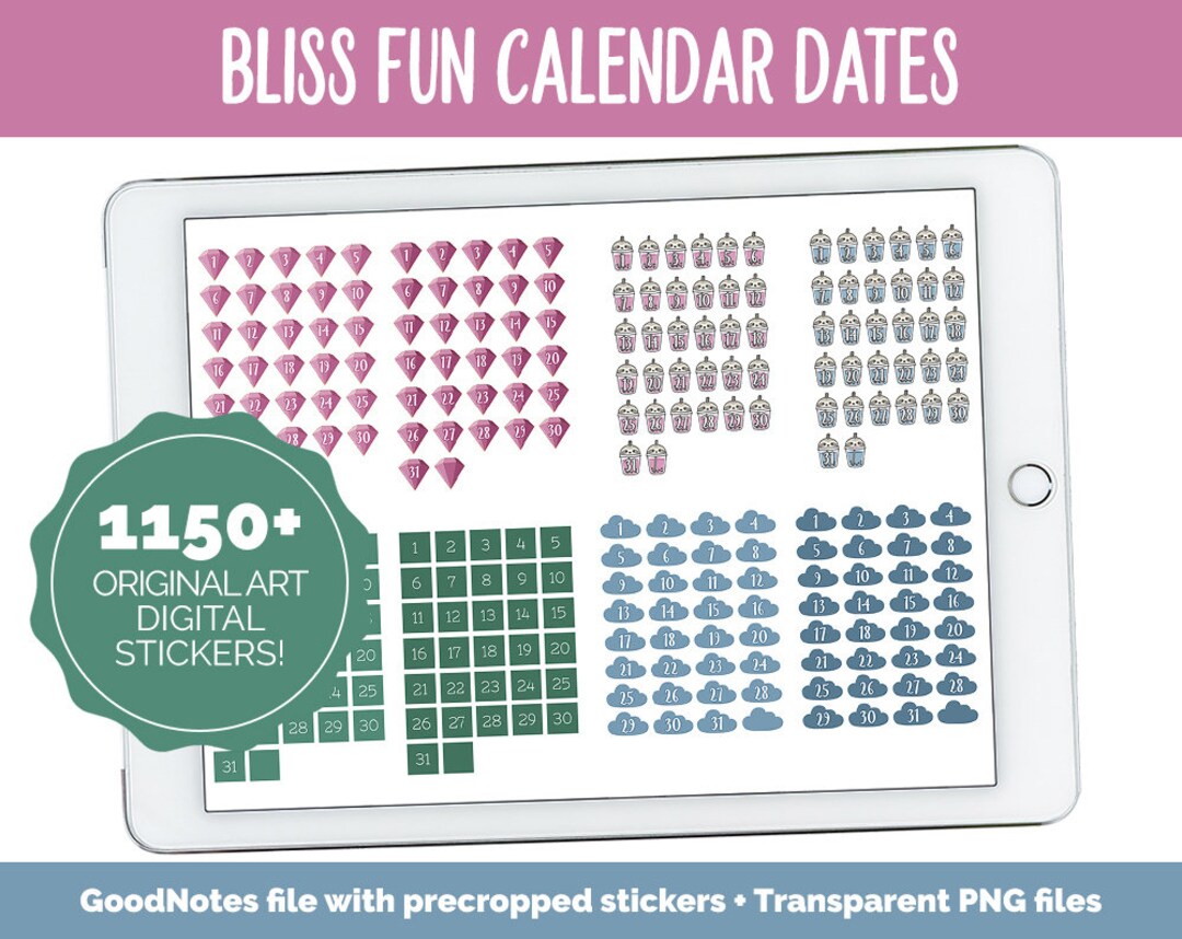 Bliss Fun Calendar Date Digital Stickers | Goodnotes, iPad and Android ...