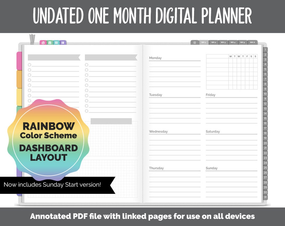 Undated One Month Digital Planner | Rainbow Theme - Dashboard Weekly ...