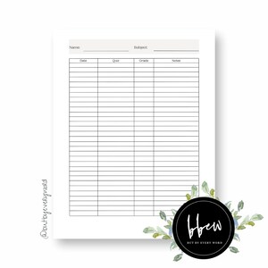Printable Grading Sheet | Grade Tracker | Homeschool Planner - Etsy