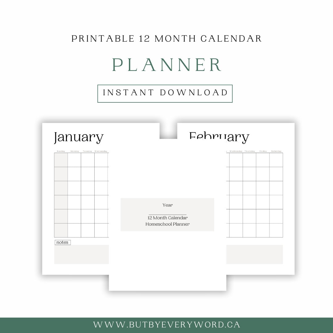 12 Month Calendar Printable Planner | Minimalist Homeschool Monthly ...