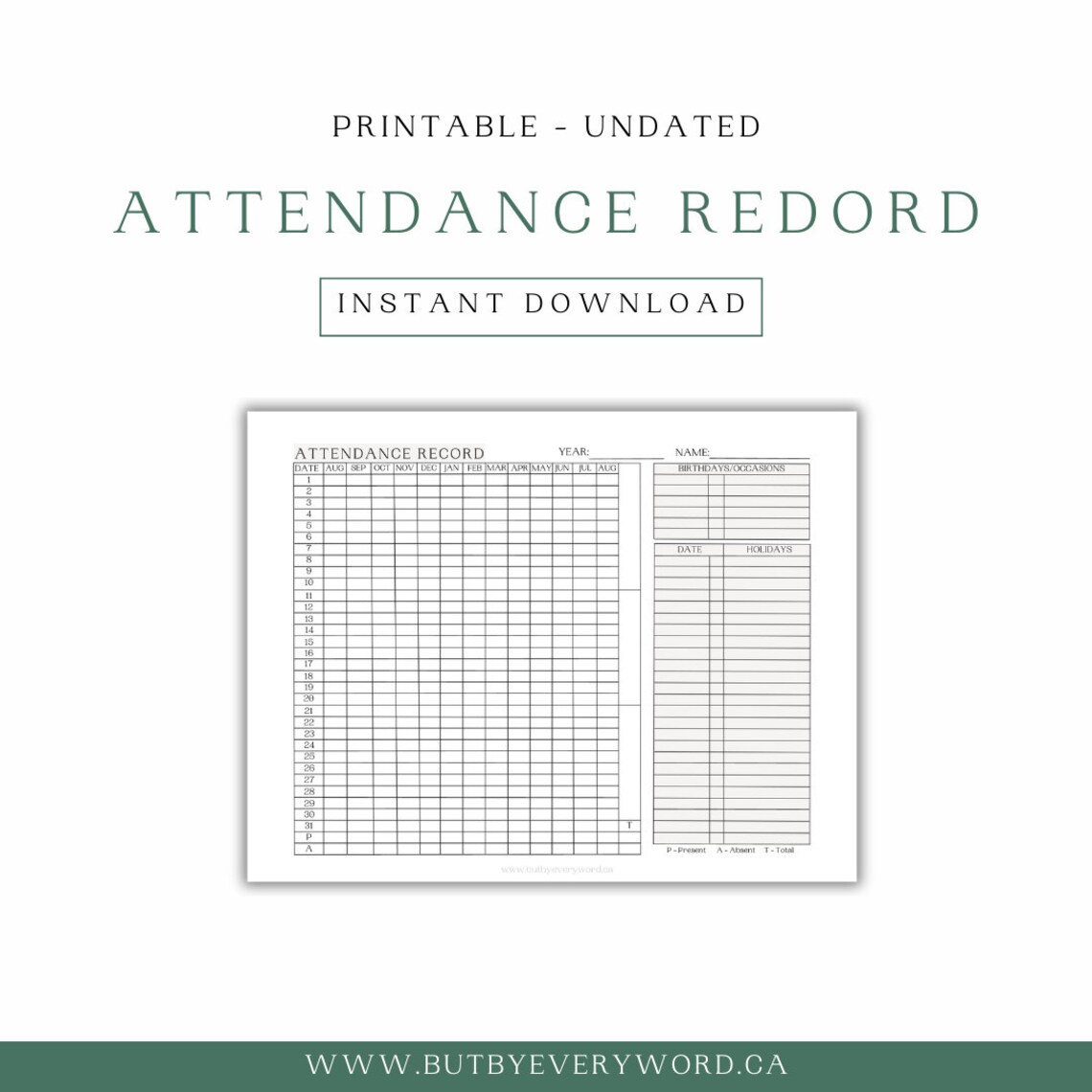 Printable Attendance Record Undated Homeschool Attendance Sheet ...