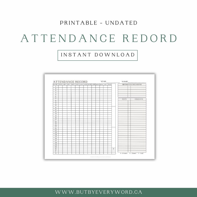 Printable Attendance Record Undated | Homeschool Attendance Sheet ...