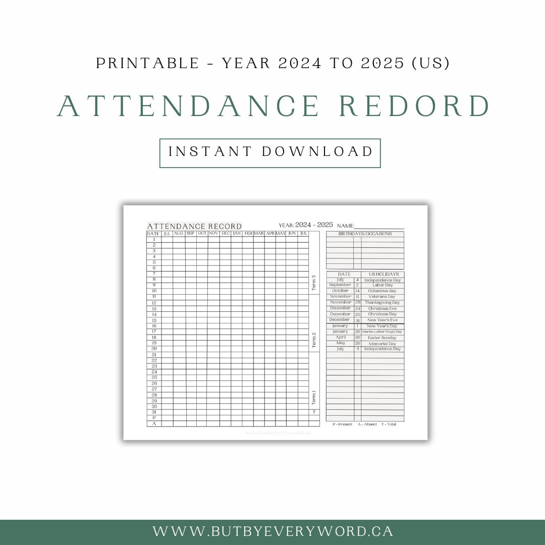 US Attendance Record 2023 - 2024 | Printable Homeschool Attendance ...